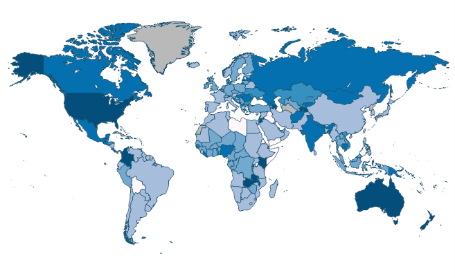 Strength of legal rights index (0=weak to 12=strong) by Country