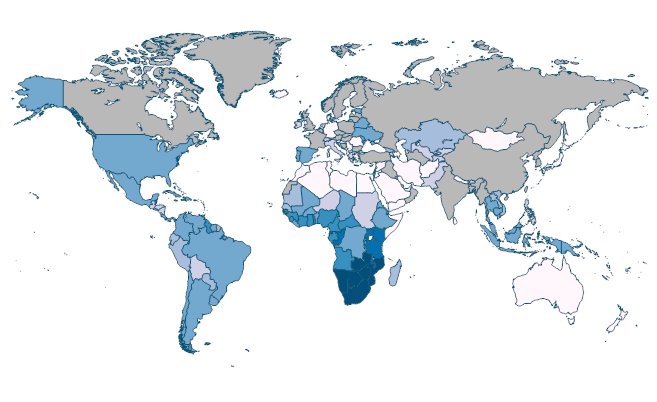 Prevalence of HIV, total (% of population ages 15-49) by Country